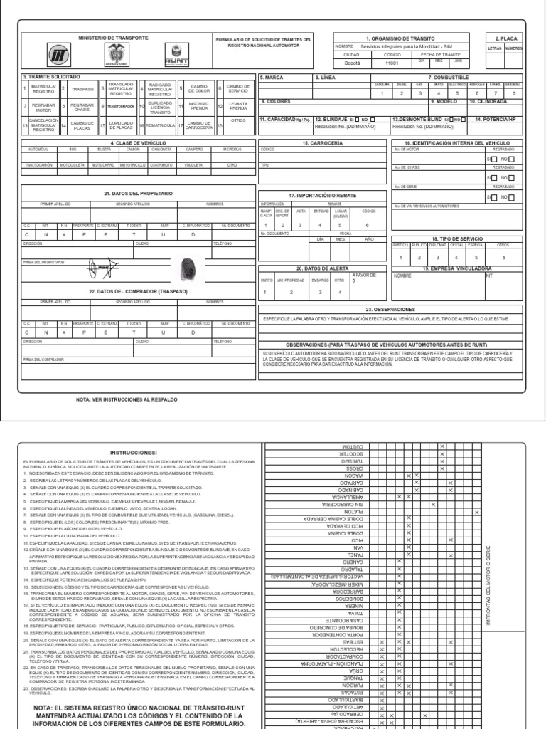 Formulario Traspaso de Vehiculos O | PDF | Placa de matrícula del ...