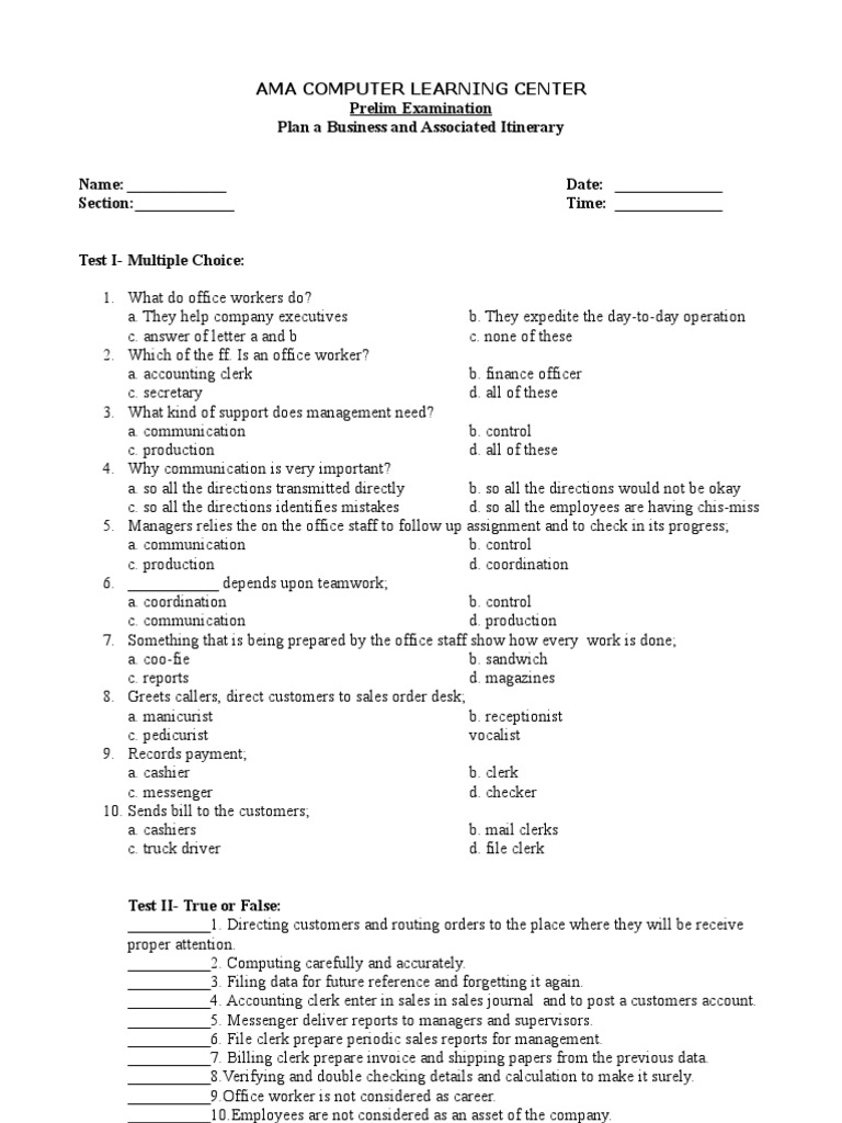Ama Computer Learning Center Prelim Examination Plan A Business and ...