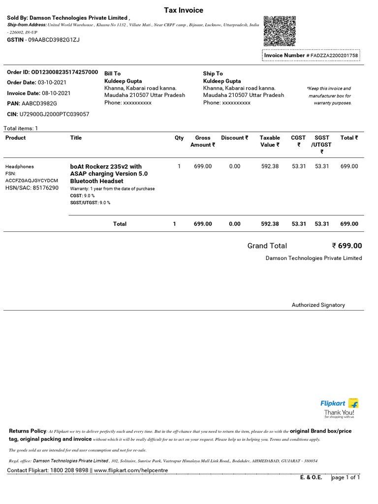 Tax Invoice for boAt Headphones | PDF | Economies | Taxes