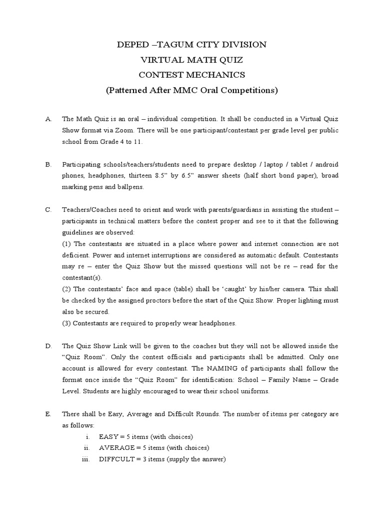 MATH QUIZ MECHANICS SY 2020 2021 Final Version As of 062321 | PDF