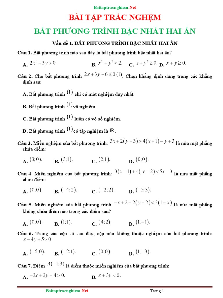 30 Cau Trac Nghiem Bat Phuong Trinh Bac Nhat Hai An Co Dap An 1 | PDF