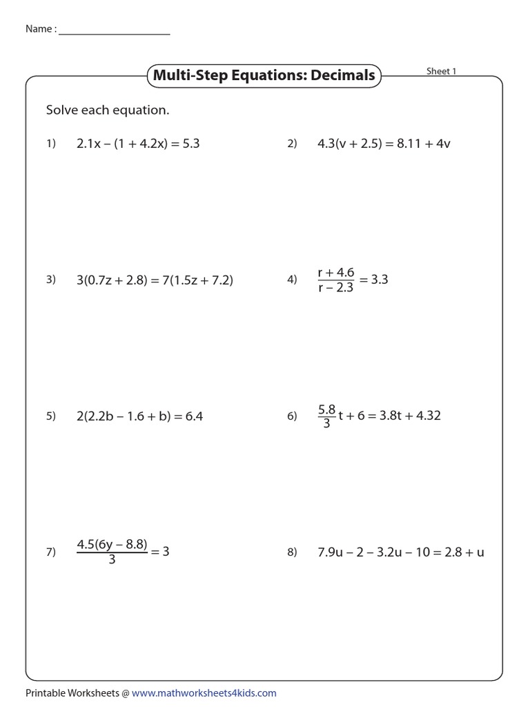 Multi-Step Decimal Equations Worksheet | PDF | Mathematics