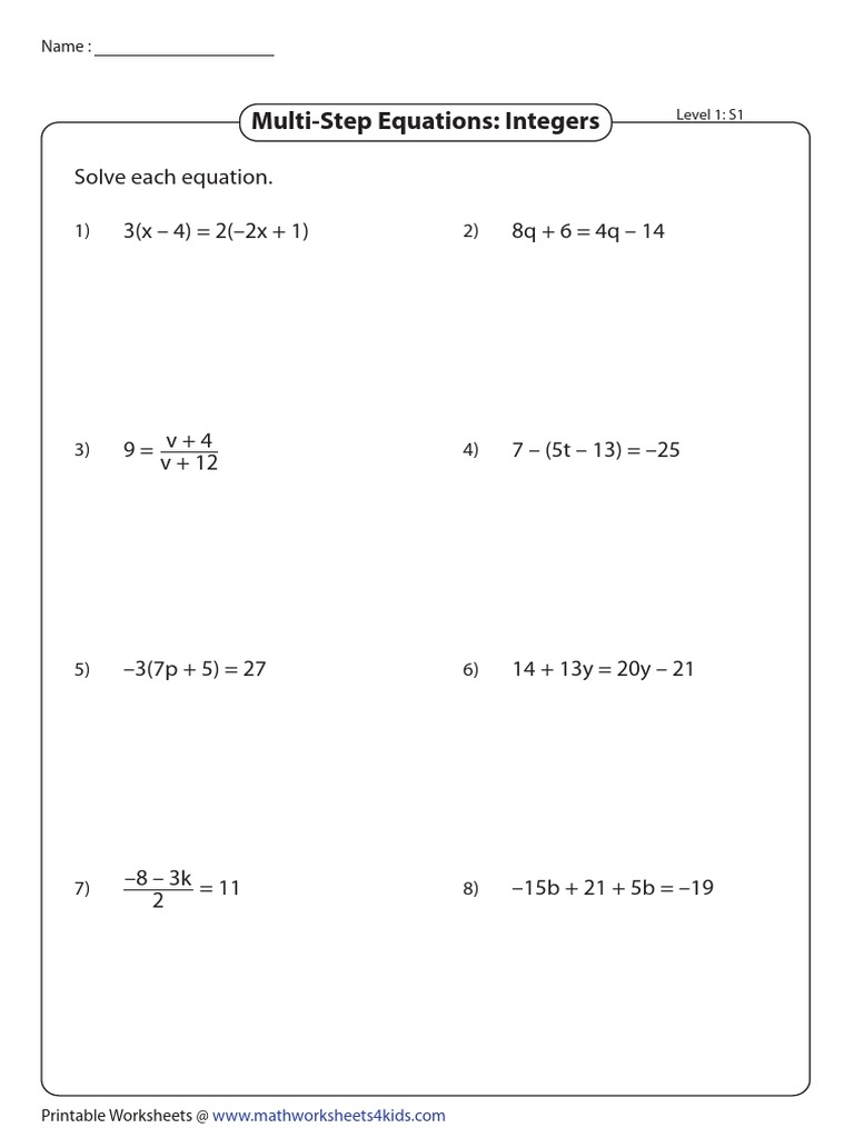 Equations - Multi Step - Integers Level1 All | PDF | Equations ...