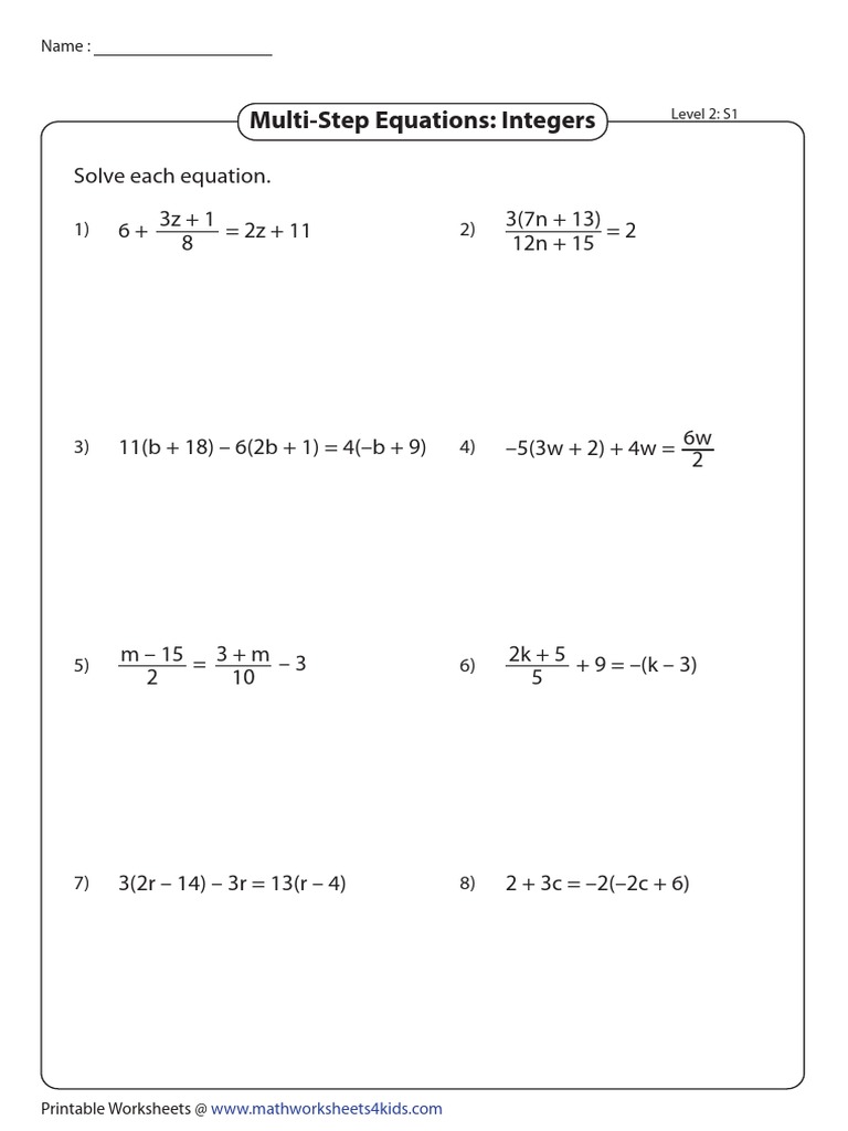 Equations - Multi Step - Integers Level2 All | PDF | Equations | Mathematical Objects