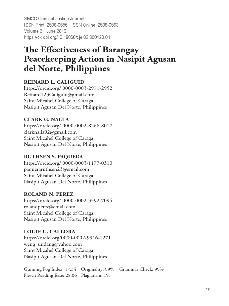 The Effectivenessof Barangay Peacekeeping Actionin Nasipit Agusandel Norte Philippines | PDF ...