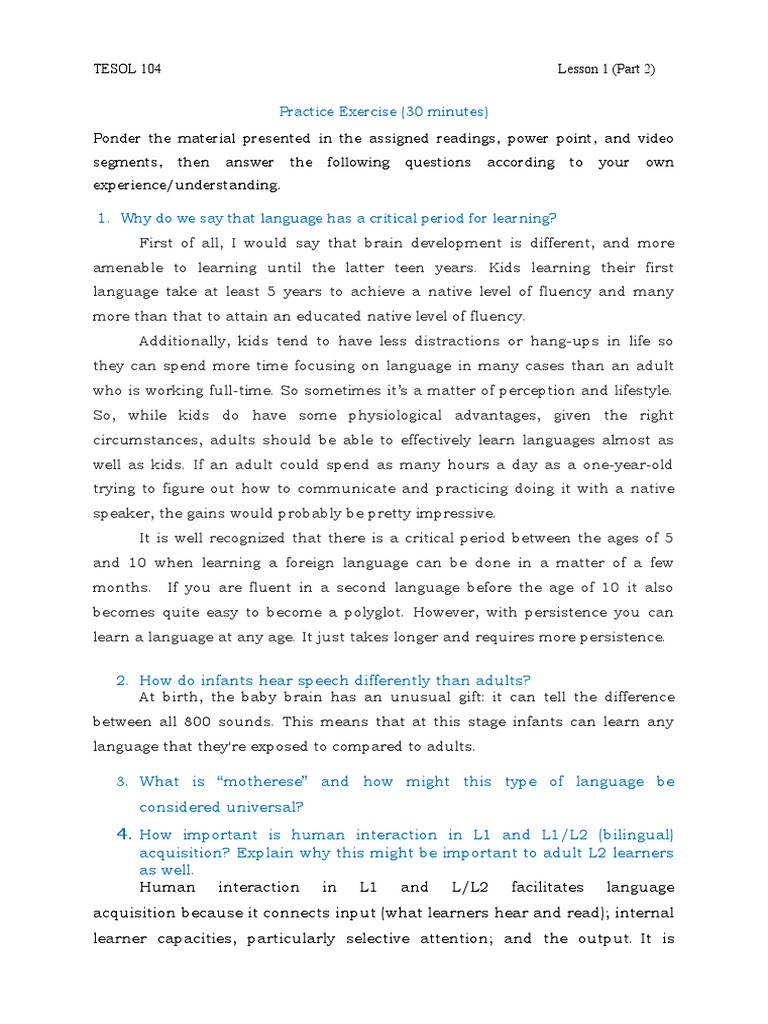 TESOL 104 Lesson 1 | PDF | Second Language | Second Language Acquisition