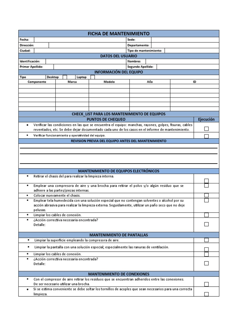 Ficha De Mantenimiento De Equipos Pdf Informática