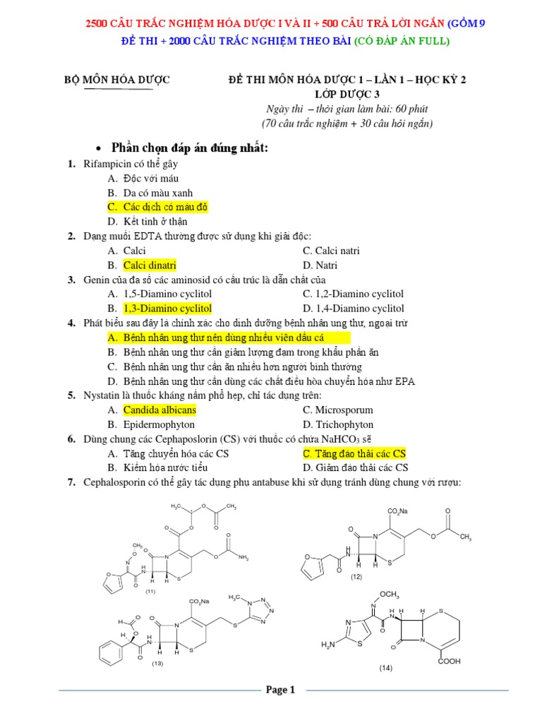 (123doc) 2500 Cau Trac Nghiem Mon Hoa Duoc I Va II 500 Cau Tra Loi Ngan Gom 9 de Thi 2000 Cau ...