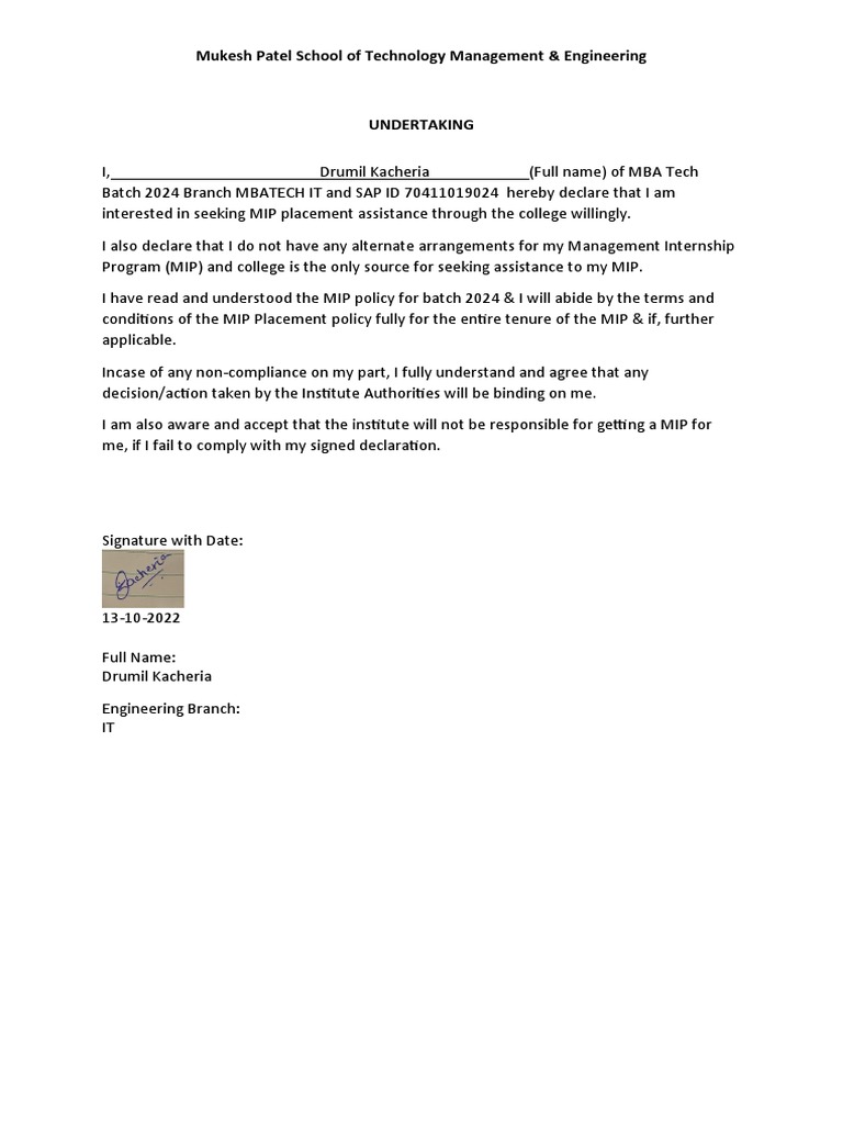 MIP Declaration Form Batch 2024 | PDF
