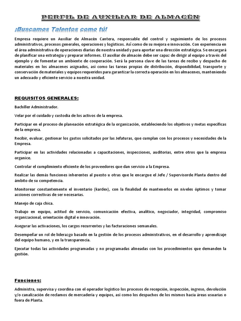 Perfil de Auxiliar de Almacén | PDF | Planificación | Business