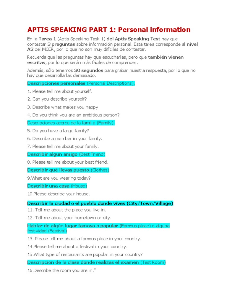 APTIS SPEAKING PART 1 Sample Questions | PDF