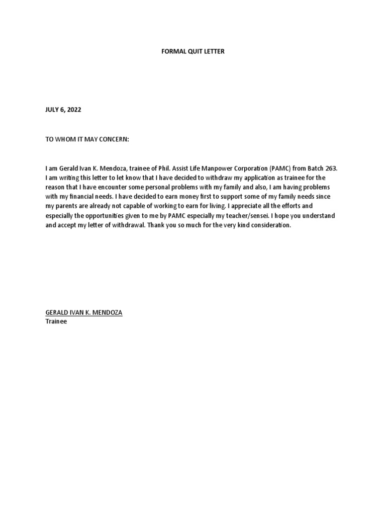 Formal Quit Letter | PDF