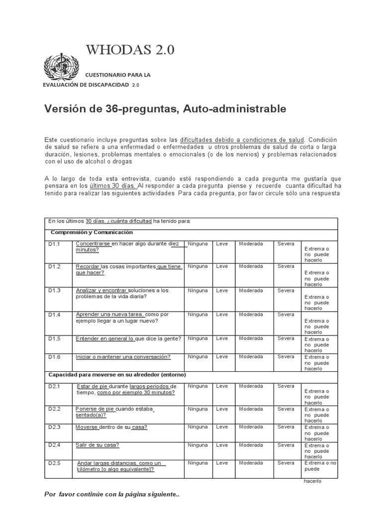 WHODAS 2.0 - 36 Items SELF - Spanish | PDF