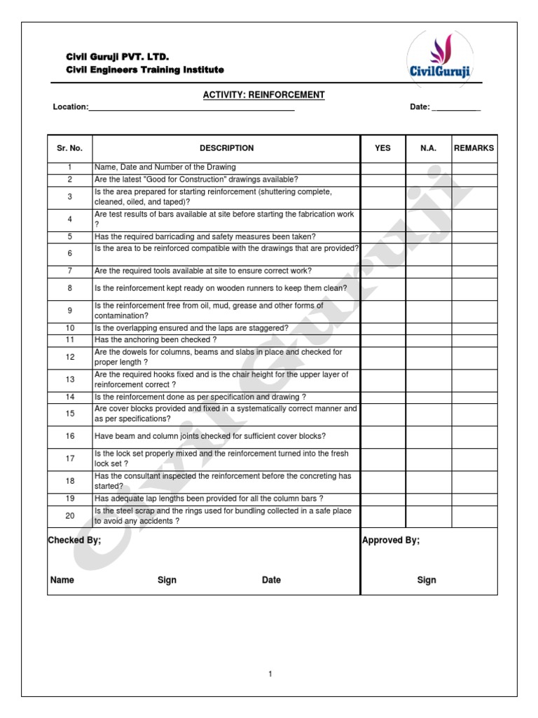 Reinforcement Work Inspection Checklist | PDF | Building Engineering ...