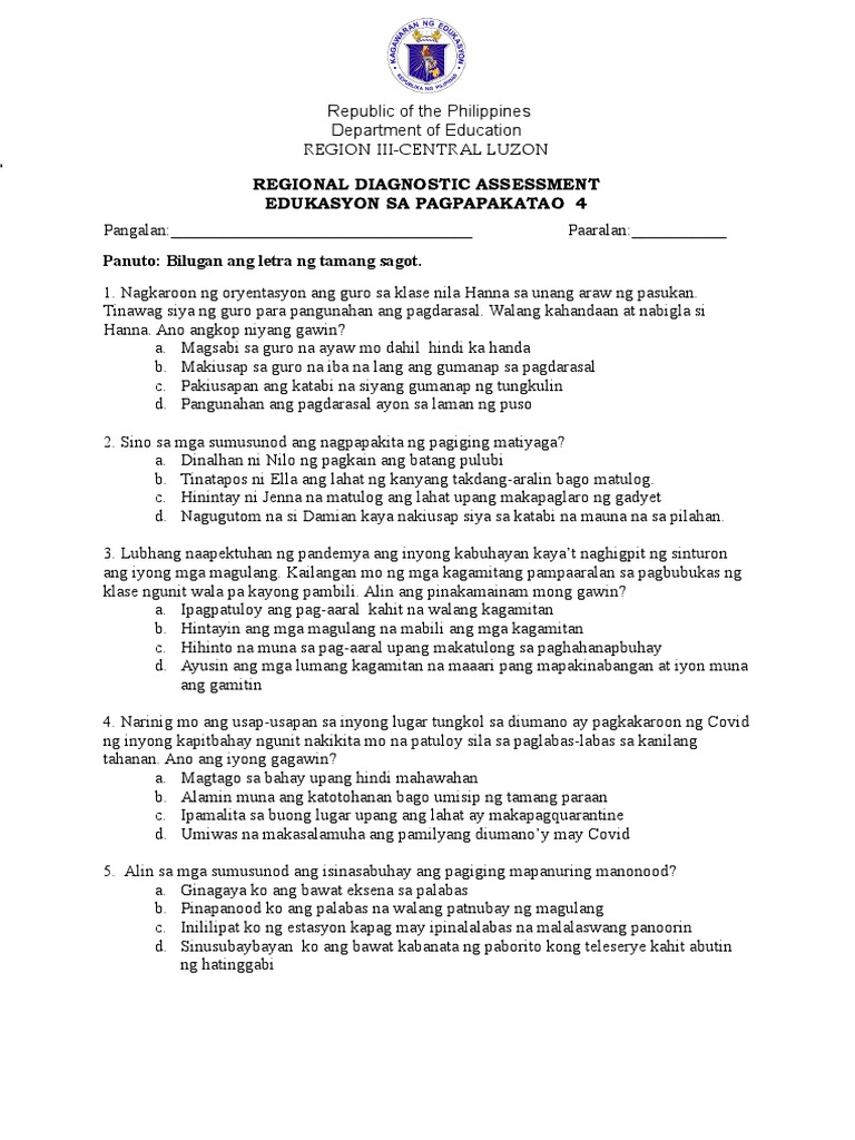 Diagnostic Assessment EsP Grade 4 | PDF