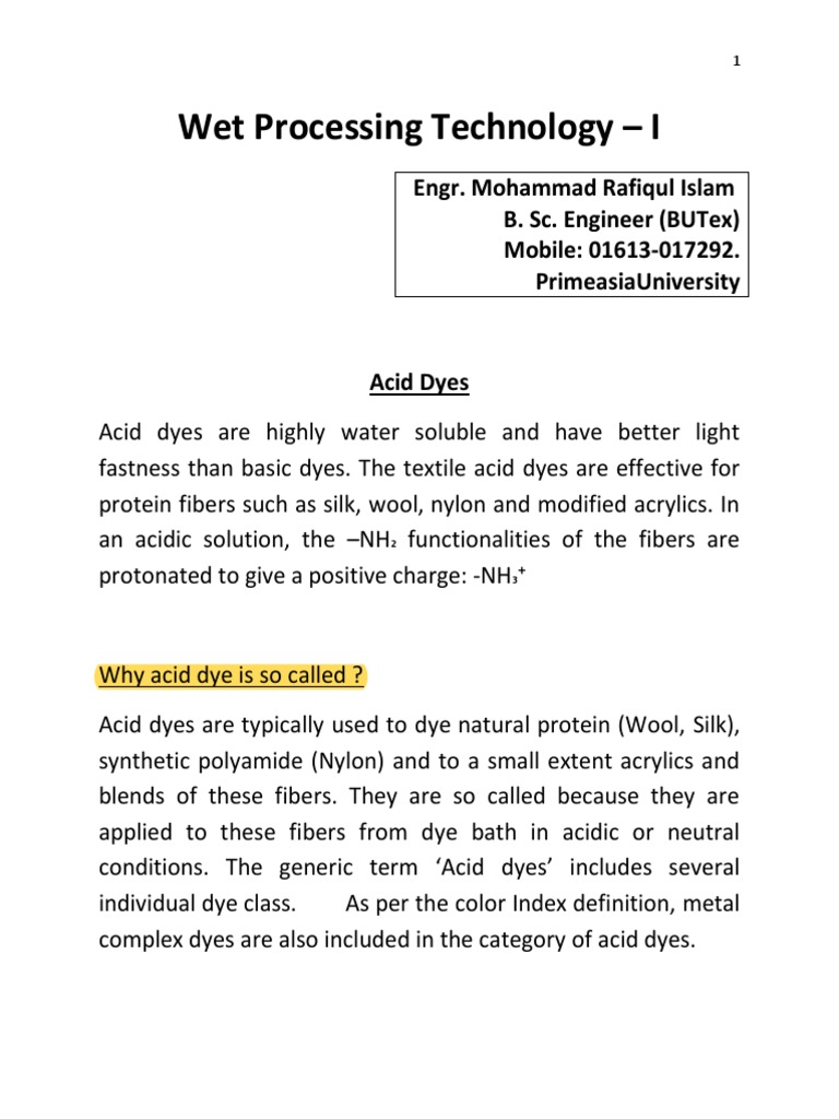 Wet Processing Technology I Pdf Dye Dyeing