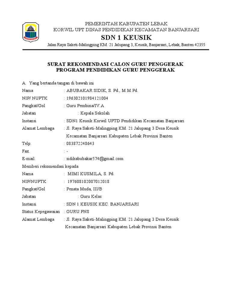 Surat Calon Guru Penggerak | PDF