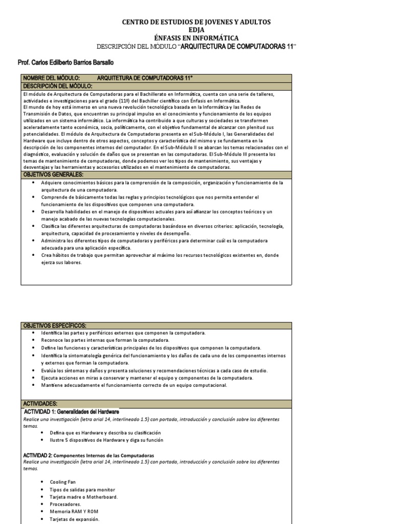 Módulo de Arquitectura de Computadoras 11 Edja | PDF | Hardware de la ...
