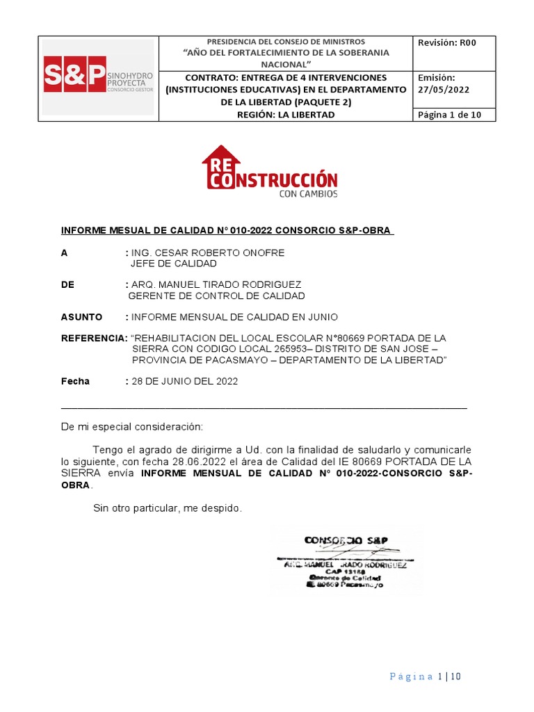 Informe Mensual Calidad N°006 - Obra Junio | PDF | Liderazgo