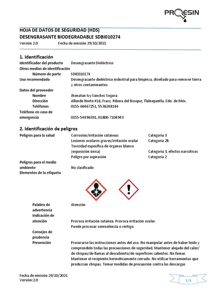 Hds Dielectrico | PDF | Agua | Higiene Ocupacional