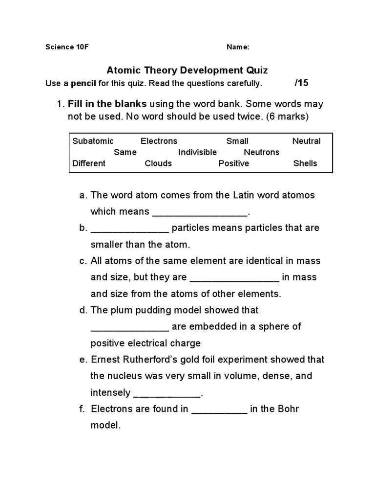 Atomic Theory Quiz | PDF