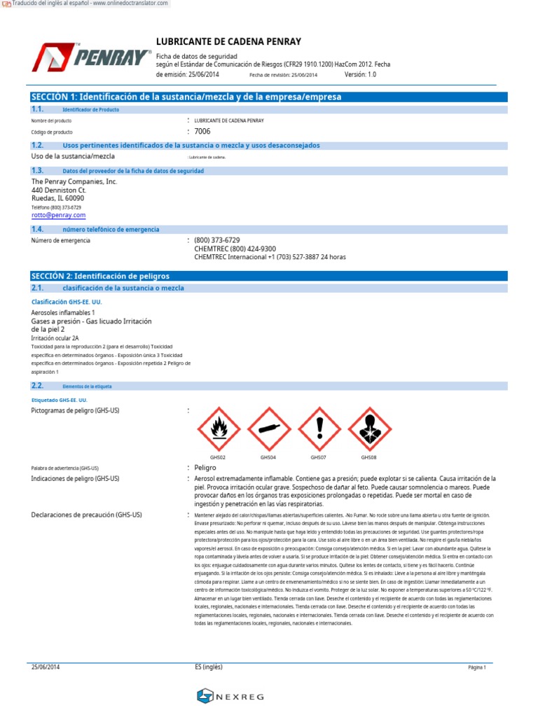 CHAIN LUBE PENRAY - En.es | PDF | Agua | Primeros auxilios