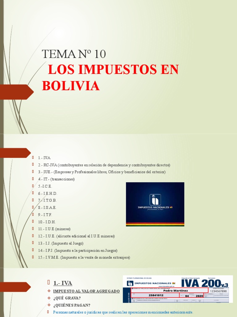 Tema #10 Los Impuestos en Bolivia | PDF | Impuestos | Impuesto al valor agregado