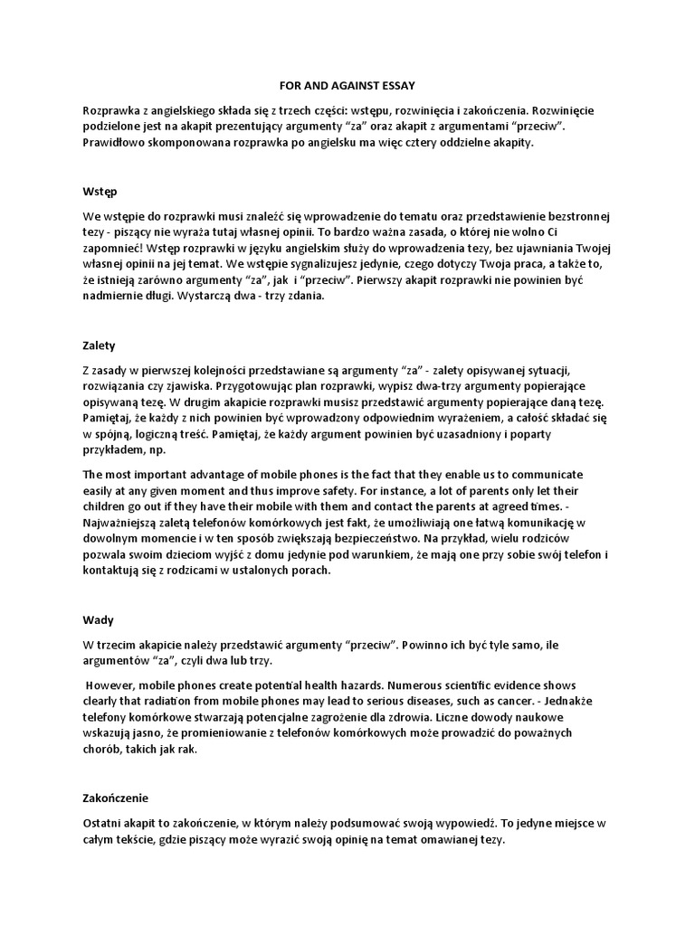 For and Against Essay | PDF