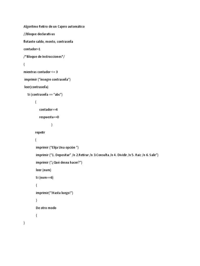 Algoritmo Retiro de Un Cajero Automático | PDF