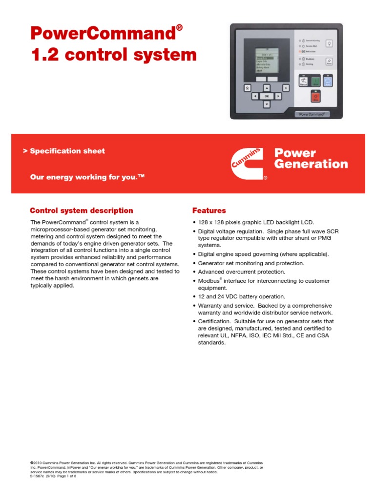 Cummins C110D5 Controller Data Sheet | PDF | Electric Generator | Relay