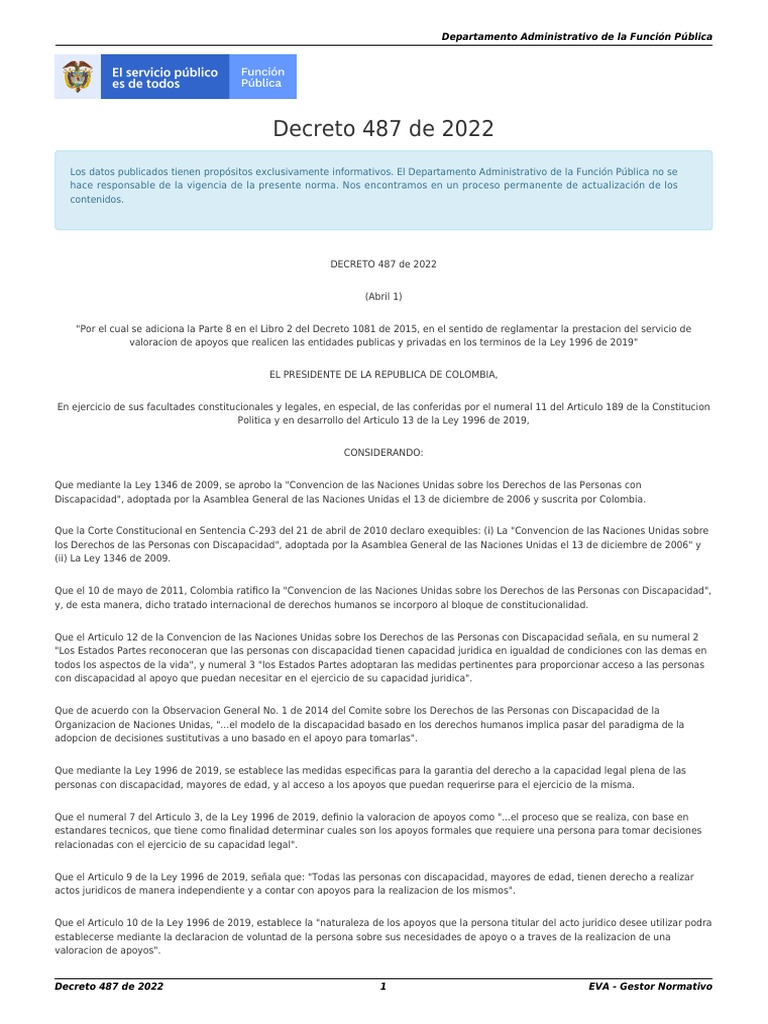 Decreto - 487 - de - 2022 - DISCAPACIDAD | PDF | Invalidez | Convenio ...