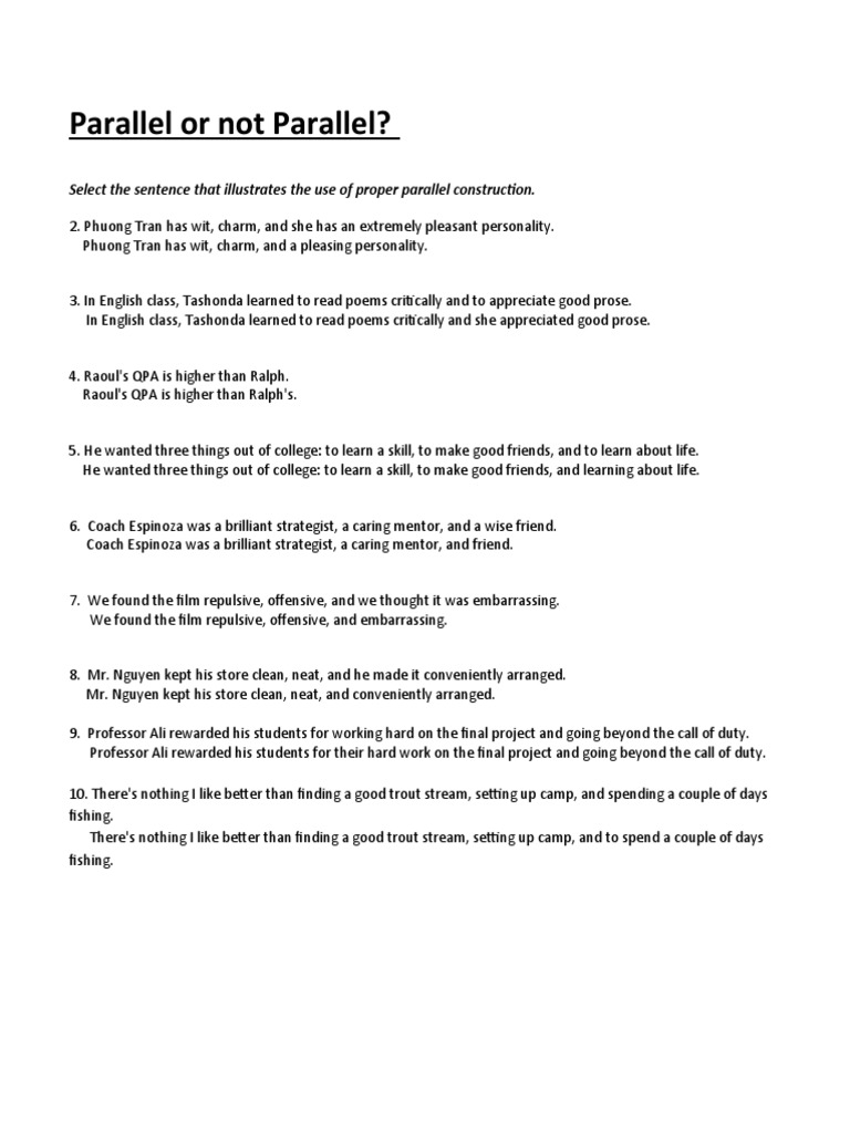 Parallelism Exercises | PDF | Grammar | Linguistics