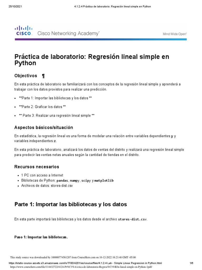 4.1.2.4 PR Ctica de Laboratorio Regresi N Lineal Simple en Python 1 PDF | PDF | Estadísticas ...