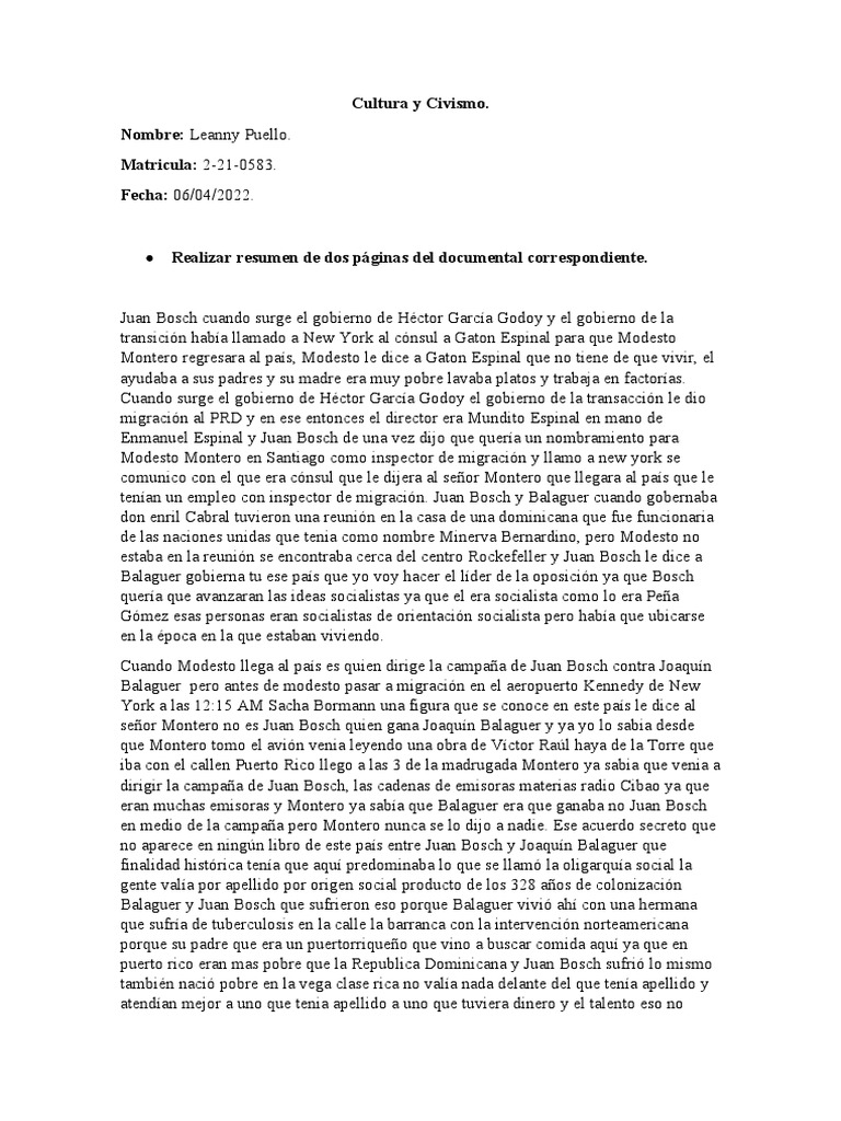 Cultura y Civismo Tarea Juan Bosch | PDF | República Dominicana | Gobierno