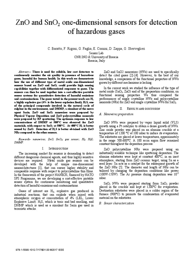 Zno and Sno One-Dimensional Sensors For Detection of Hazardous Gases | PDF | Zinc Oxide | Nanowire