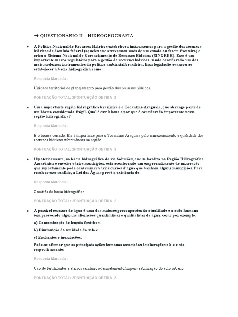 Questionário II - Hidrogeografia | PDF