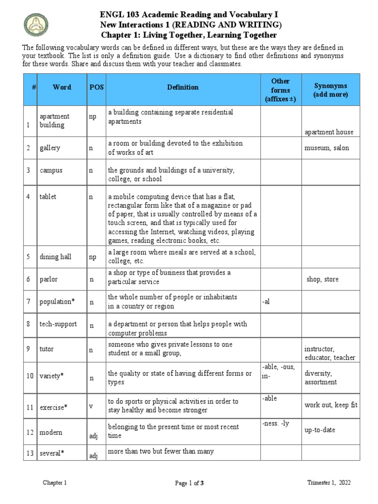 Vocabulary List of CH1 Living Together, Learning Together New Interactions 1 ENGL103 Final Draft ...