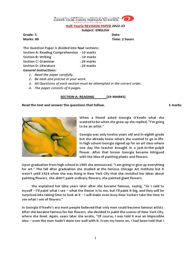 Grade 5 Half Yearly English Revision Paper 2022 | PDF | Grammatical ...