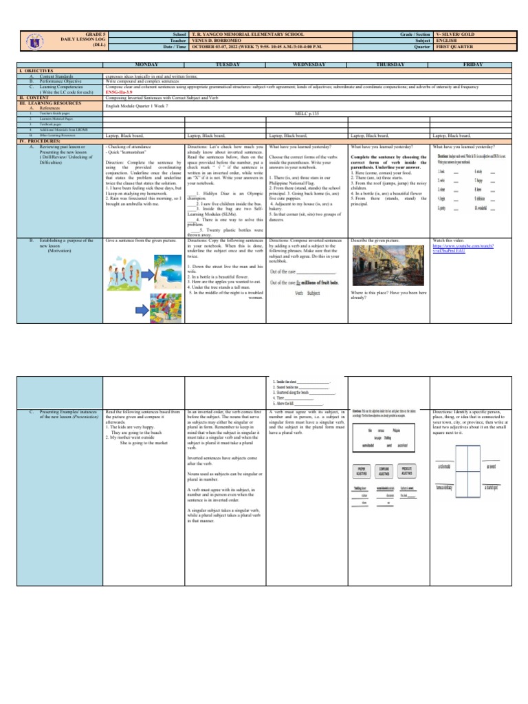 Vee Q1 W7 Dll-English 5 | PDF | Grammatical Number | Verb