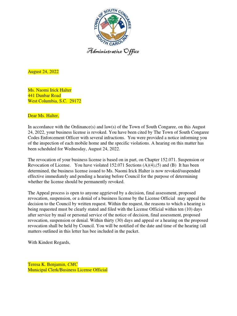 Business License Revocation Letter. Naomi I. Halter | PDF | License ...