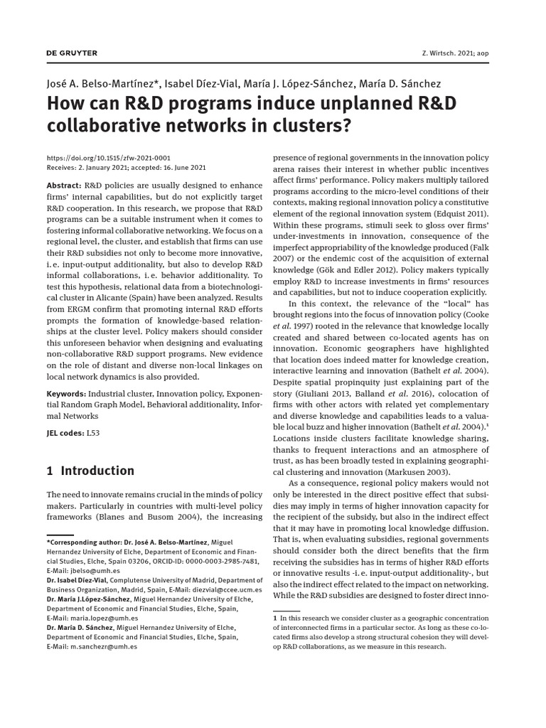 Belso-Martínez Et Al 2021 How Can R&D Programs Induce Unplanned R&D Collaborative Networks in ...