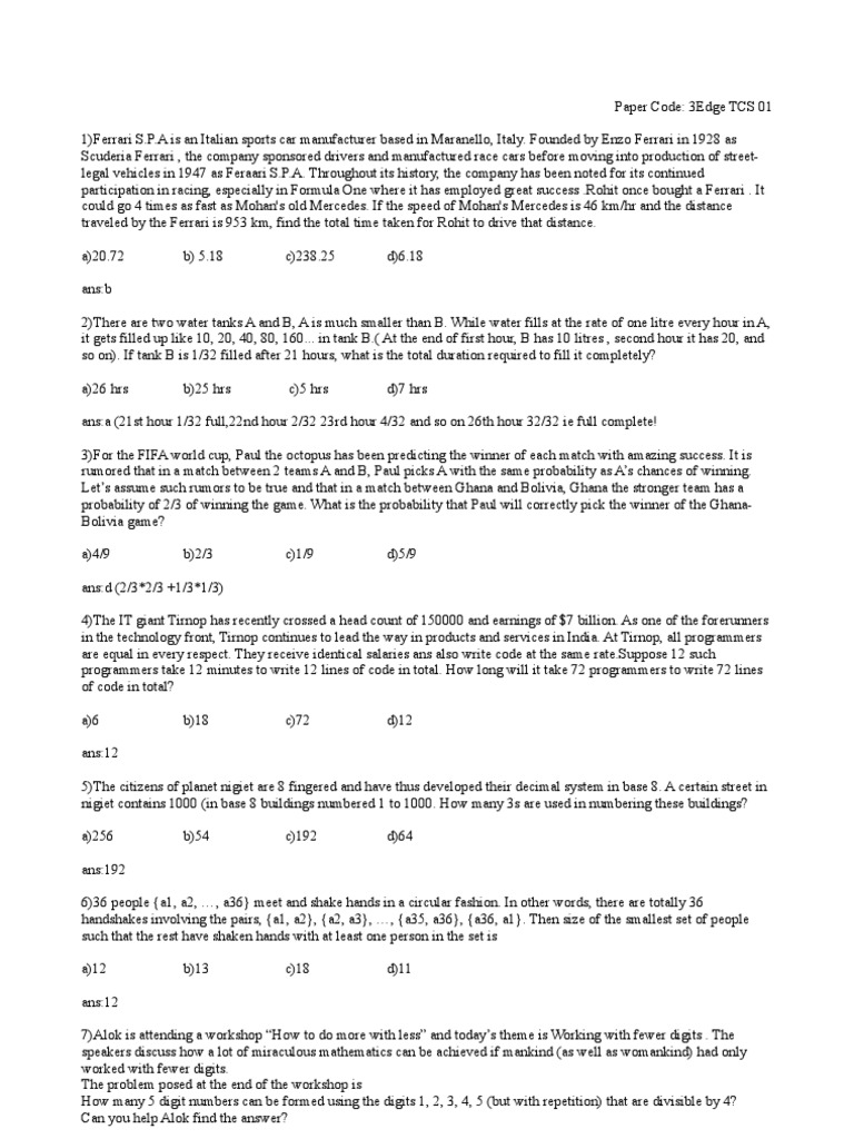 TCS Question Paper With In-Built Answers | PDF | Ferrari | Teaching ...