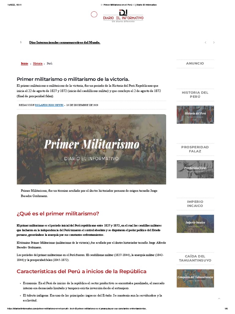 Primer Militarismo en El Perú - Diario El Informativo | PDF | Perú | América del Sur
