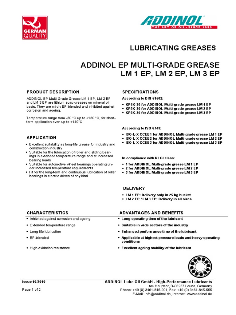 ADDINOL EP Multi-Grade Grease Overview | PDF | Lubricant | Building ...