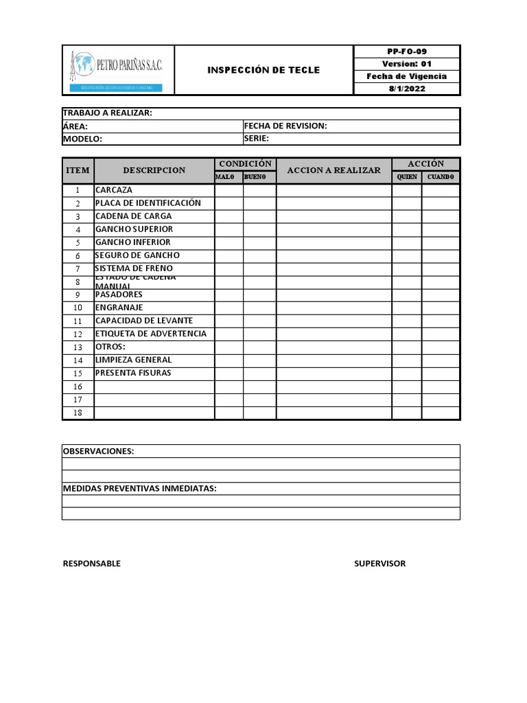PP-FO-009 Formato de Inspección de Tecles. | PDF