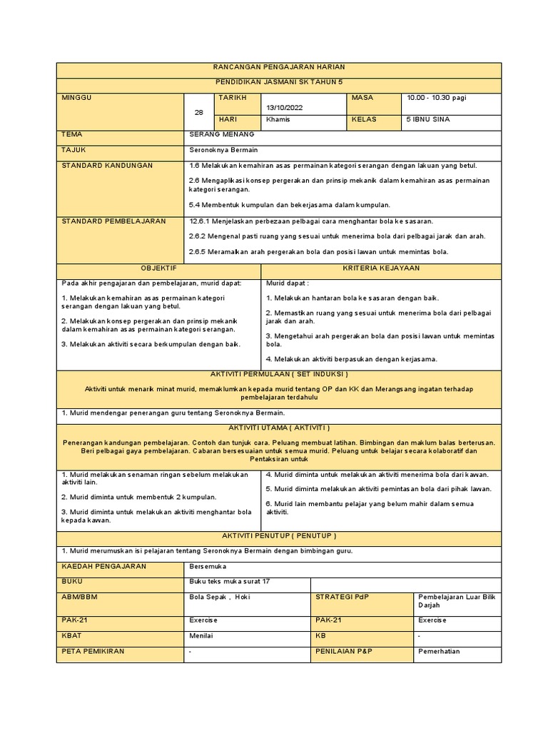RPH PJ Tahun 5: Seronoknya Bermain | PDF