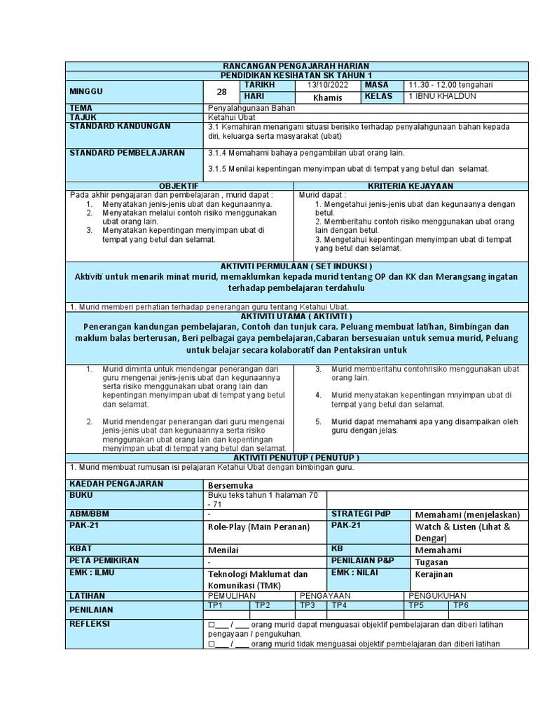 RPH PK 1 Ibnu Khaldun M28 | PDF | Sains & Matematika