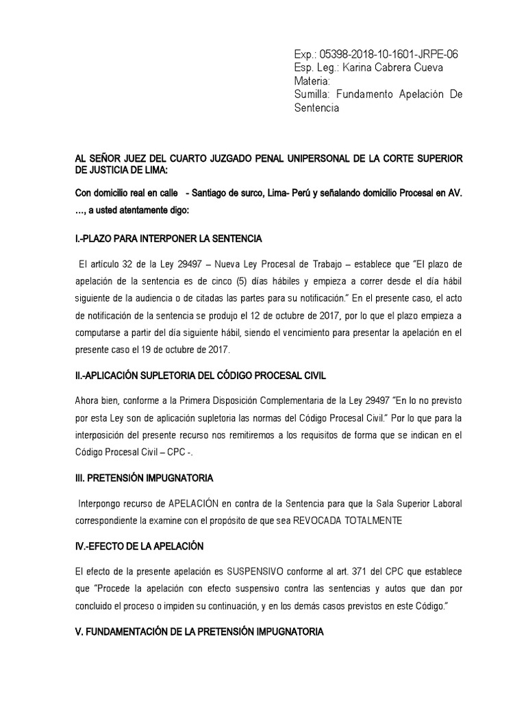 Apelación Sentencia - MODELO | PDF | Apelación | Sentencia (ley)