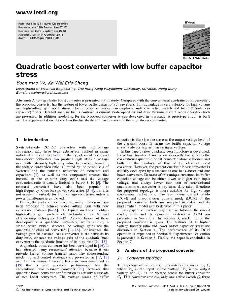 Lower Buffer Capacitor Stress Quadratic Boost Converter | PDF | Electromagnetism | Electrical ...