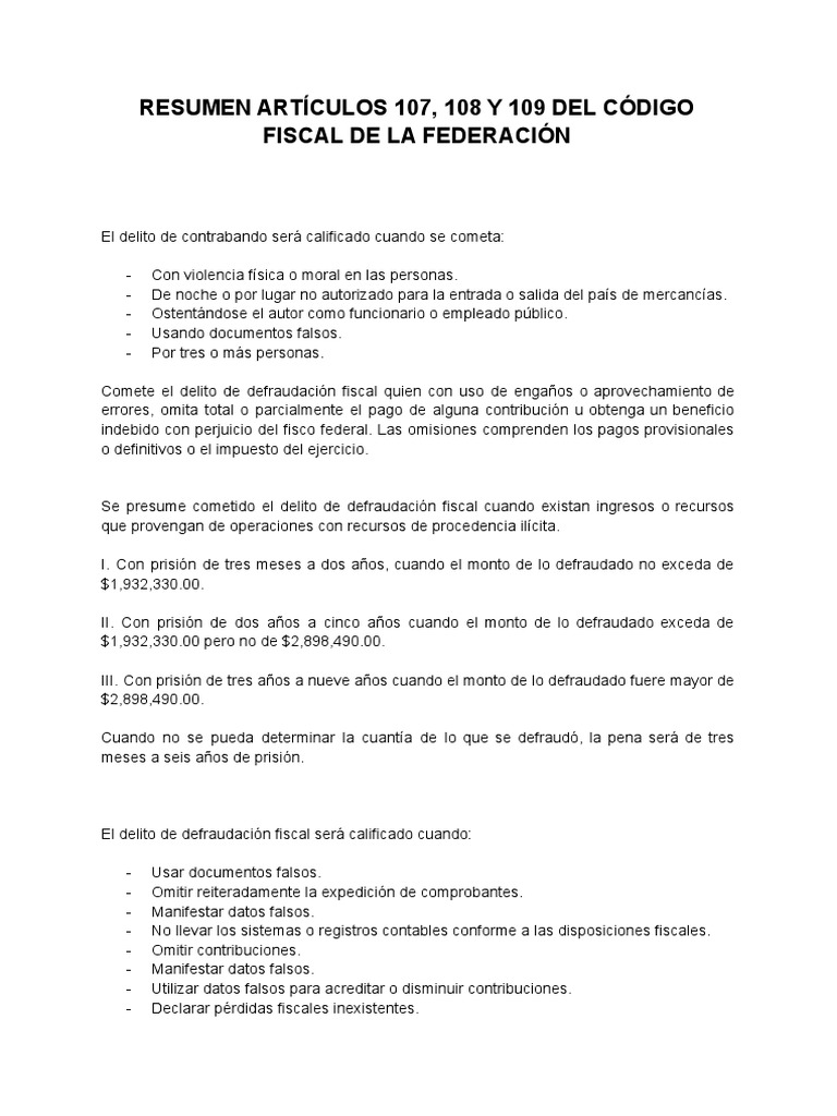 Resumen Artículos 107, 108 y 109 Del Código Fiscal de La Federación | PDF | Evasión de impuestos ...